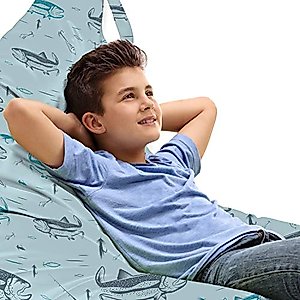 Lunarable Trout Lounger Chair Bag, Hand-Drawn Style Pattern on The Subject of Fishing with Baits, High Capacity Storage with Handle Container, Lounger Size, Pale Blue Turquoise