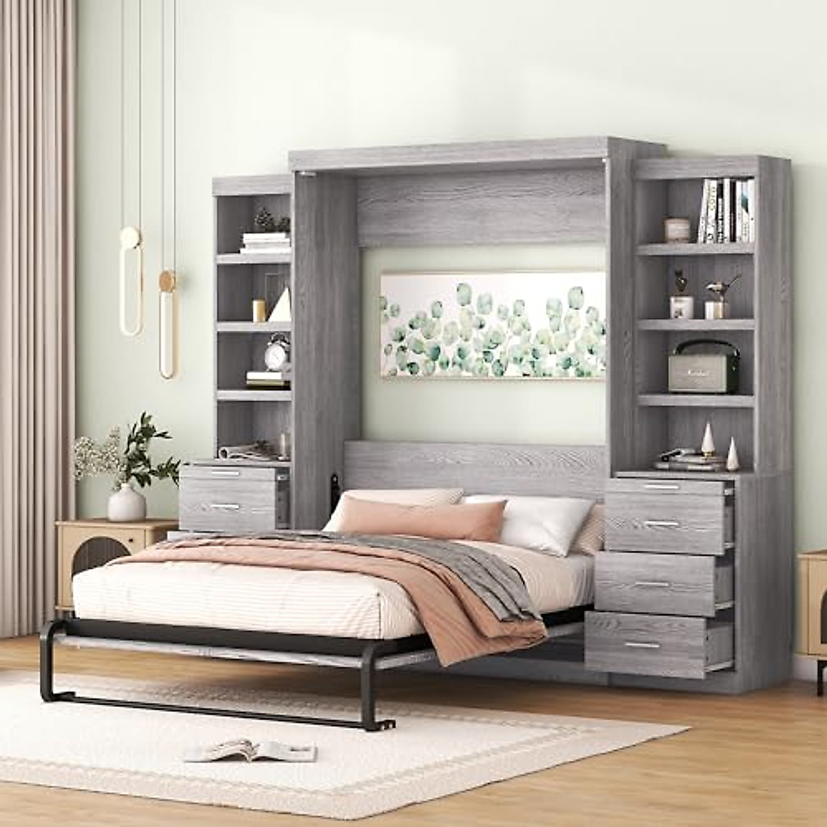 DEYOBED Multifunctional Full Size Murphy Bed with Storage Shelves and Drawers, Solid Wood Platform Wall Bed Cabinet for Guest Room Home Office, Ideal for Small Spaces, Gray