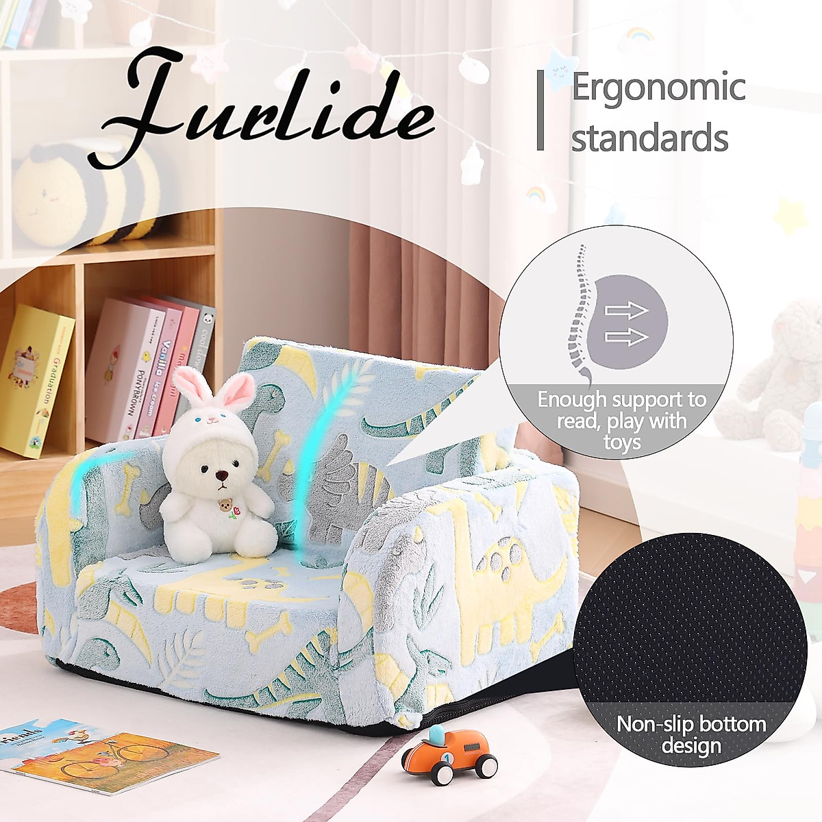 Furlide Toddler Chair, 2-in-1 Kids Sofa Chair, Glow in The Dark Baby Sofa, Comfy Toddler Couch, Kids Flip Out Sofa, Washable Kids Lounge Chair for Girl or Boy (Green Dinosaur)