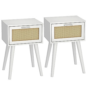 LAATOOREE Table, Nightstand Set of 2 - Small End Table with Rattan Door, Boho Style for Bedroom Living Room - White