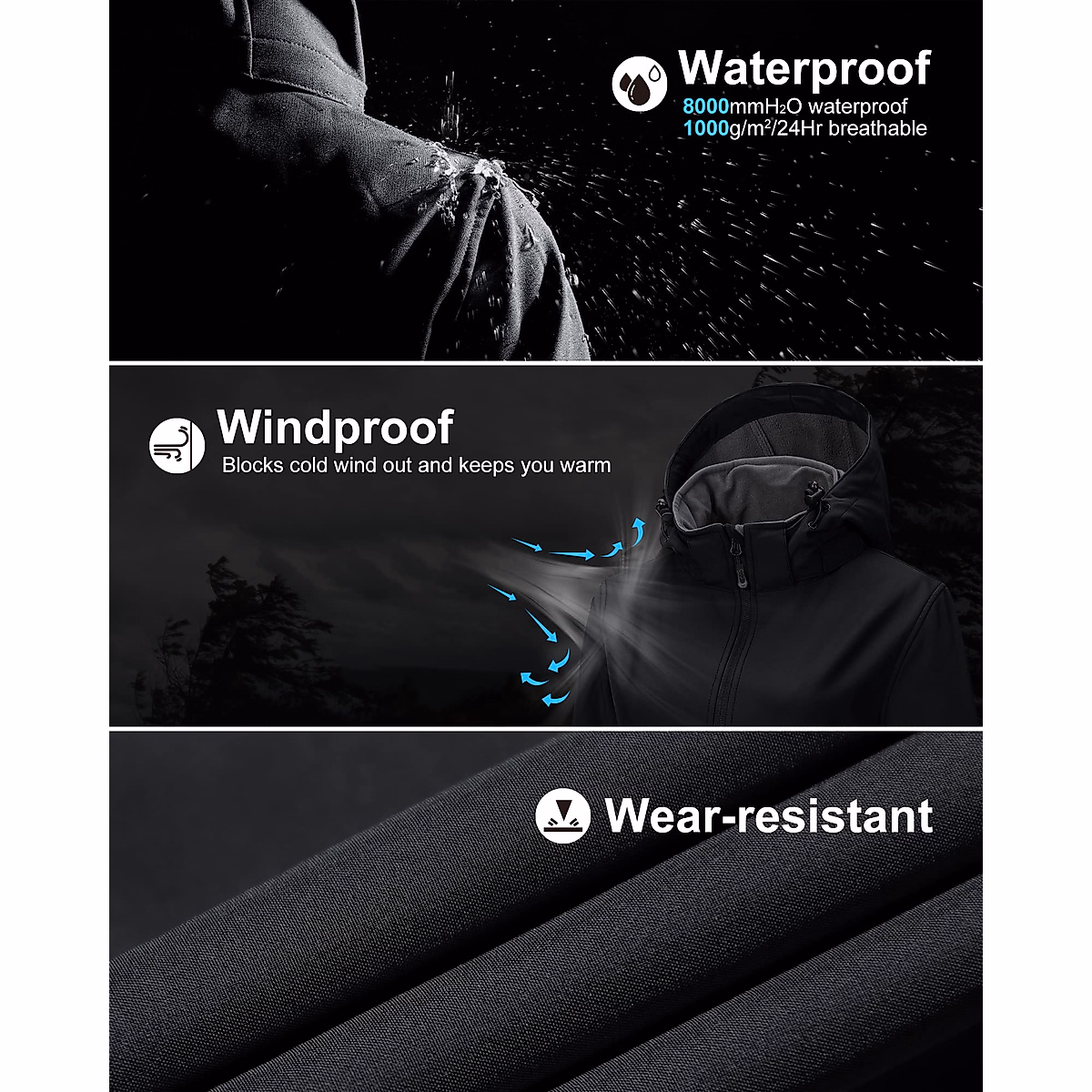 33,000ft Women's Waterproof Softshell Long Rain Jacket with Hood Fleece Lined Windproof Windbreaker