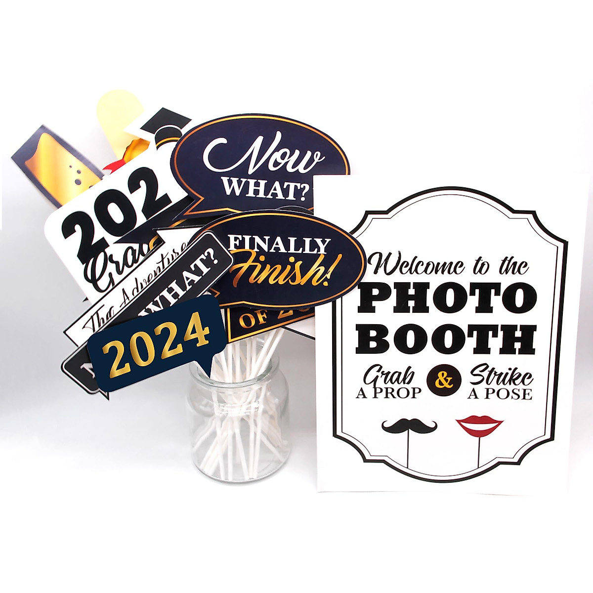 2024 Graduation Photo Booth Props, Blue Black Red Gold Graduation Decorations for Graduation Party Supplies, Upgraded Version with Long Stick, 2024 Grad Party Pose Sign-32Pcs