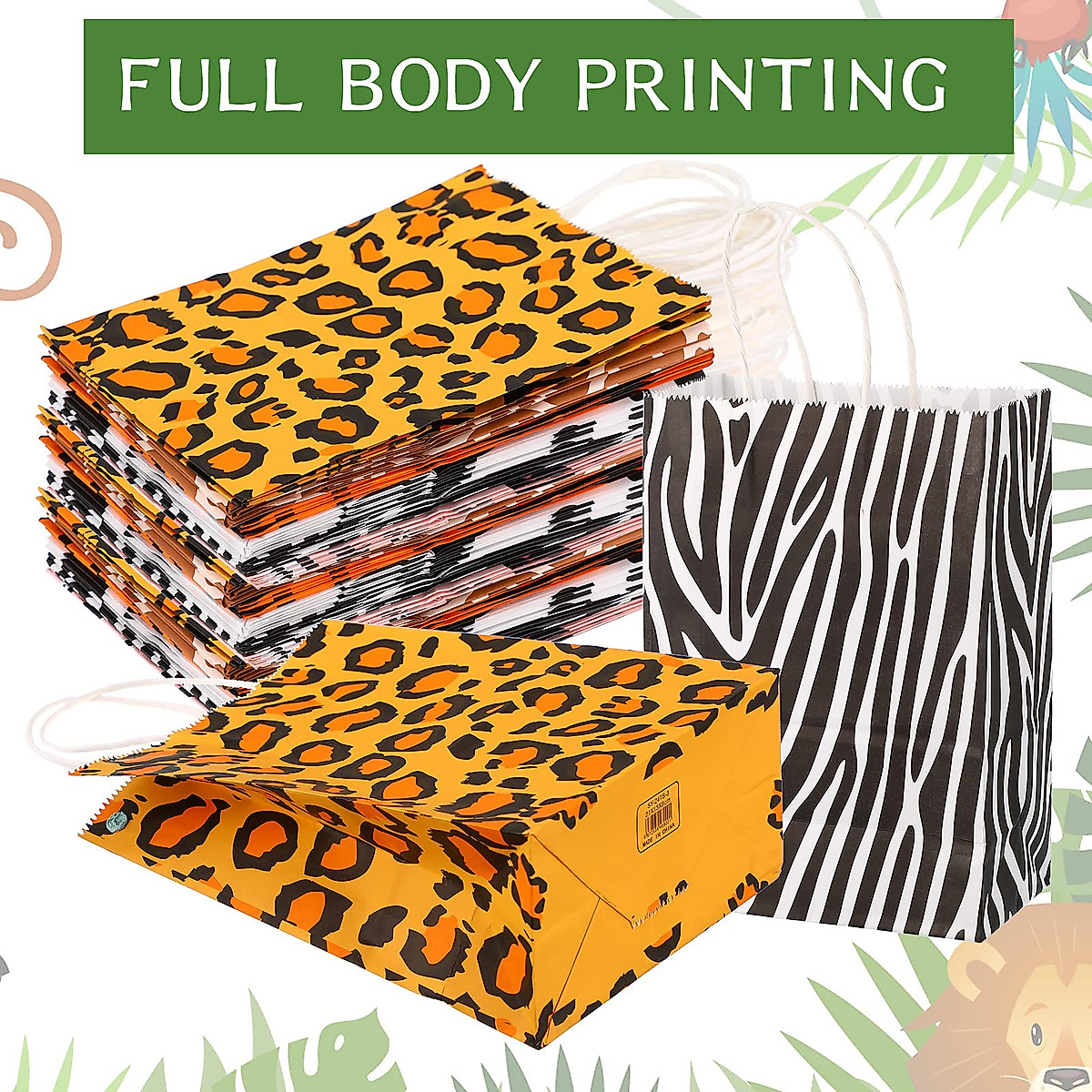 24 Pieces Jungle Safari Animal Print Treat Bags with Handles, Leopard Zebra Giraffe Tiger Stripe Cow Print Goodie Bags Safari Party Favor Present Bags for Safari Themed Birthday Party Supplies
