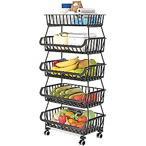 OKZEST 5 Tier Fruit Basket for Kitchen, Rolling Vegetable Fruit Storage Basket Stand Organizer Cart for Snack Potato Onion Produce, Utility Stackable Metal Wire Storage Bin Rack with Wheels for Pantry
