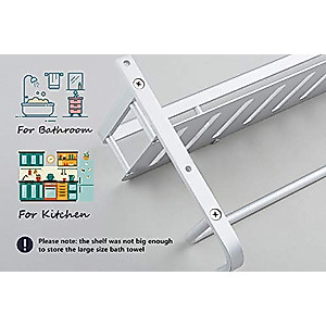 Chrasy Modern Double Layer Towel Bar, Wall Mount Bathroom Storage Shelves and One Towel Bar and 2 Hooks, Aluminum Towel Holders, Shower Towel Rack, Bath/Kitchen Storage Shelf -15.7in