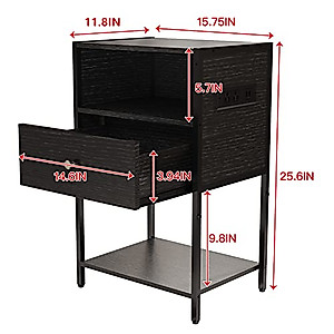 LDTTCUK Nightstand with Charging Station, Modern End Table with Drawer, Bedside Table with Open Storage for Bedroom,Black