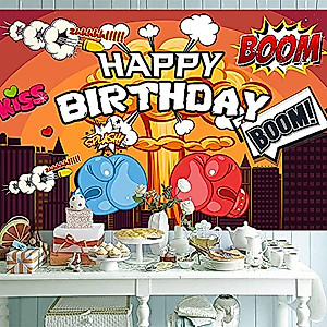 EMTOBT Happy Birthday Backdrop Superhero City Boom Background Red and Blue Boxing for Boy Gift Childen Happy Birthday Party Decorating 7x5FT Banner Photo Booth Props Room Decor Supplies BJWHEM562
