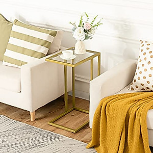 HOOBRO C Shaped End Table, Tempered Glass Snack Side Table with Metal Frame, TV Tray Table for Small Space, Sofa Couch and Bed, Modern Style, Gold GD03SF01G1