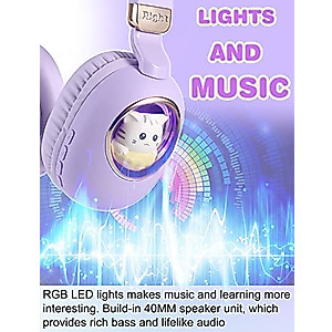 Usoun Kids Wireless Headphones, Bluetooth Over Ear Headphones with Cute Cat Colorful LED Lights,Wireless&Wired,Foldable,Build-in Mic,Bluetooth Headphones for Kids Girls Teens Adults,School (Purple)