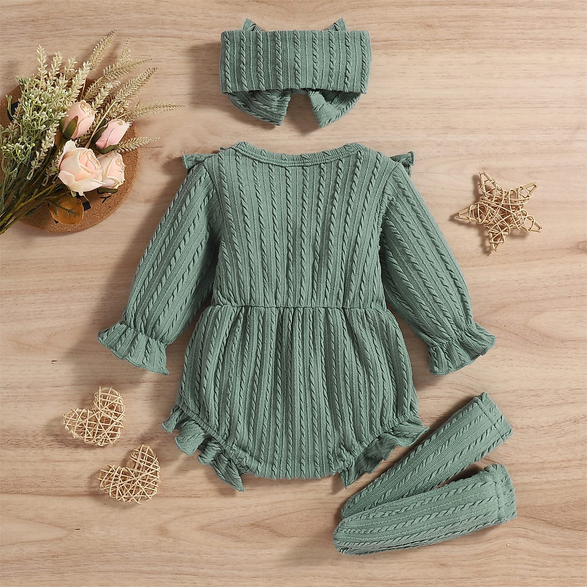 GRNSHTS Newborn Baby Girl Clothes Ruffle Solid Sweater Romper Long Sleeve Button Bodysuit+Hairband+Socks 3Pcs Fall Winter Outfits(Green,6-9 Months)