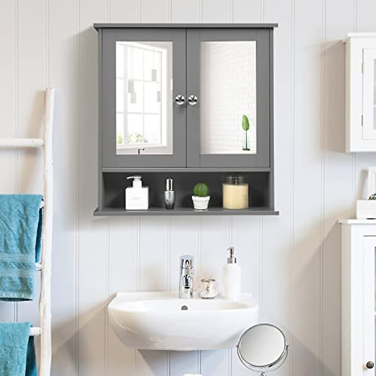 GLACER Bathroom Medicine Cabinet, Hanging Storage Cabinet with Double Mirror Doors, Perfect for Bathroom, Living Room, Corridor, Cloakroom, 22 x 5 x 23 inches (Grey)