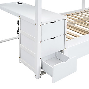 Harper & Bright Designs Twin Over Twin Bunk Bed with Trundle, Desk and Storage Drawers, Wood Bunk Bed Frame for Kids Teens Adults, White