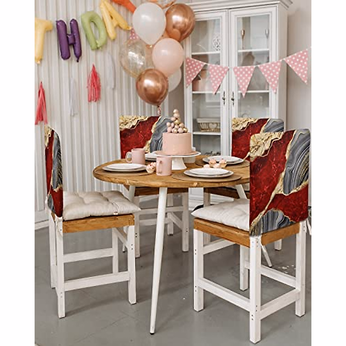 LOVE HOME DAY Abstract Chair Back Cover for Dining Room Set of 6 Burgundy Red Golden Gray Marble Kitchen Chair Protecter Slipcovers for Holiday Party,Weeding,Banquet,Events Modern Fluid