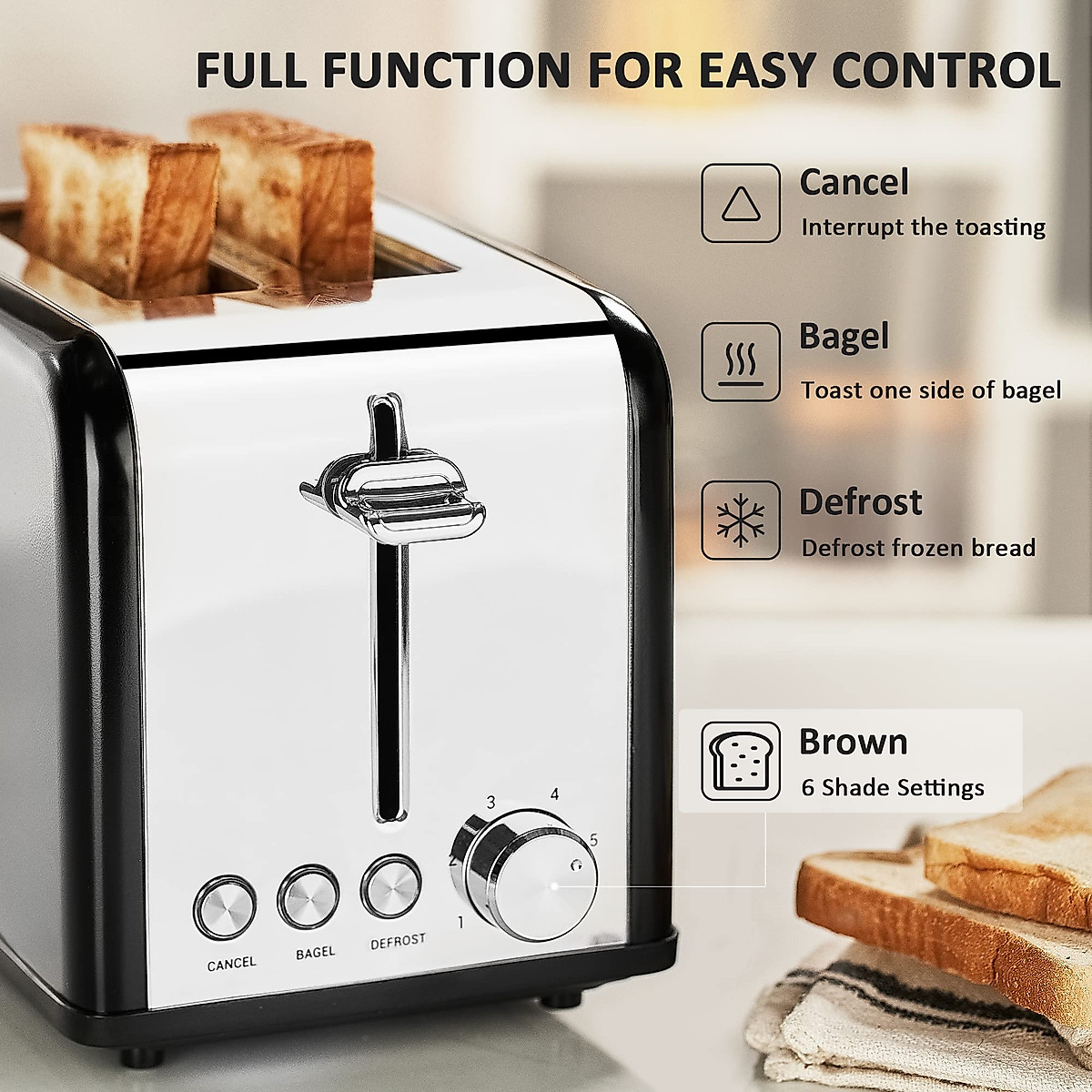 REDMOND 2 Slice Toaster Stainless Steel Toaster Wide Slots with Bagel Defrost Cancel Function 6 Bread Shade Settings for Bread waffles Auto Shutoff Black