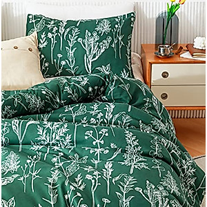 JANZAA Duvet Cover Queen Size,3 Pieces Floral Emerald, Botanical Green Duvet Cover,Microfiber Soft Bedding Set with Zipper Closure 4 Ties (2 Pillow Cases)