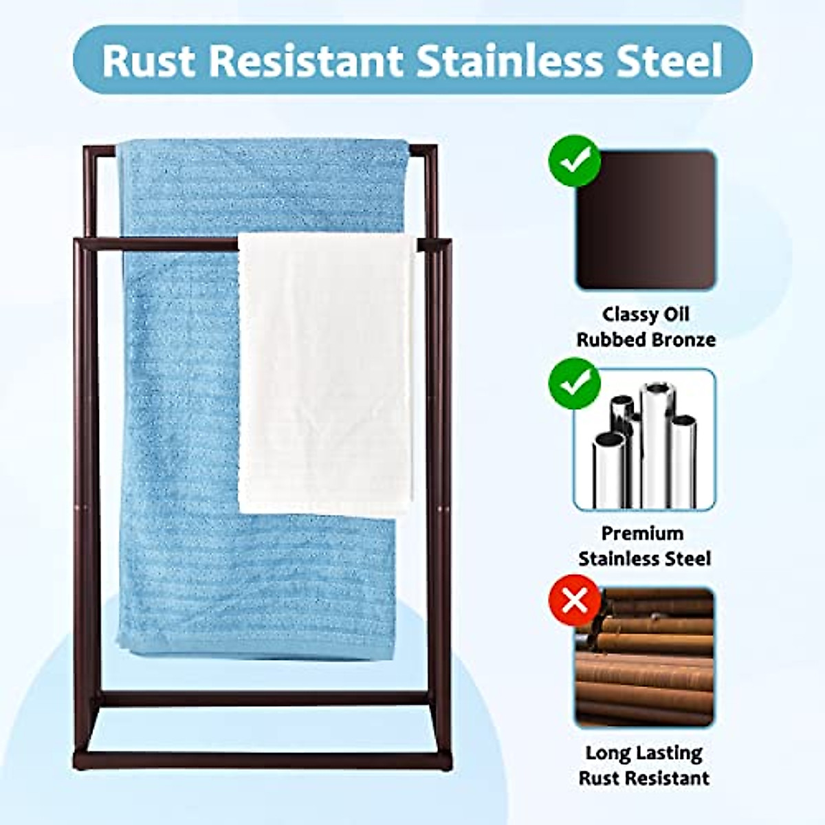 Free Standing Towel Rack, 2 Tier Oil Rubbed Bronze Tall Towel Racks for Bathroom Floor Outdoor Poolside, Stainless Steel Towel Drying Rack, DECLUTTR