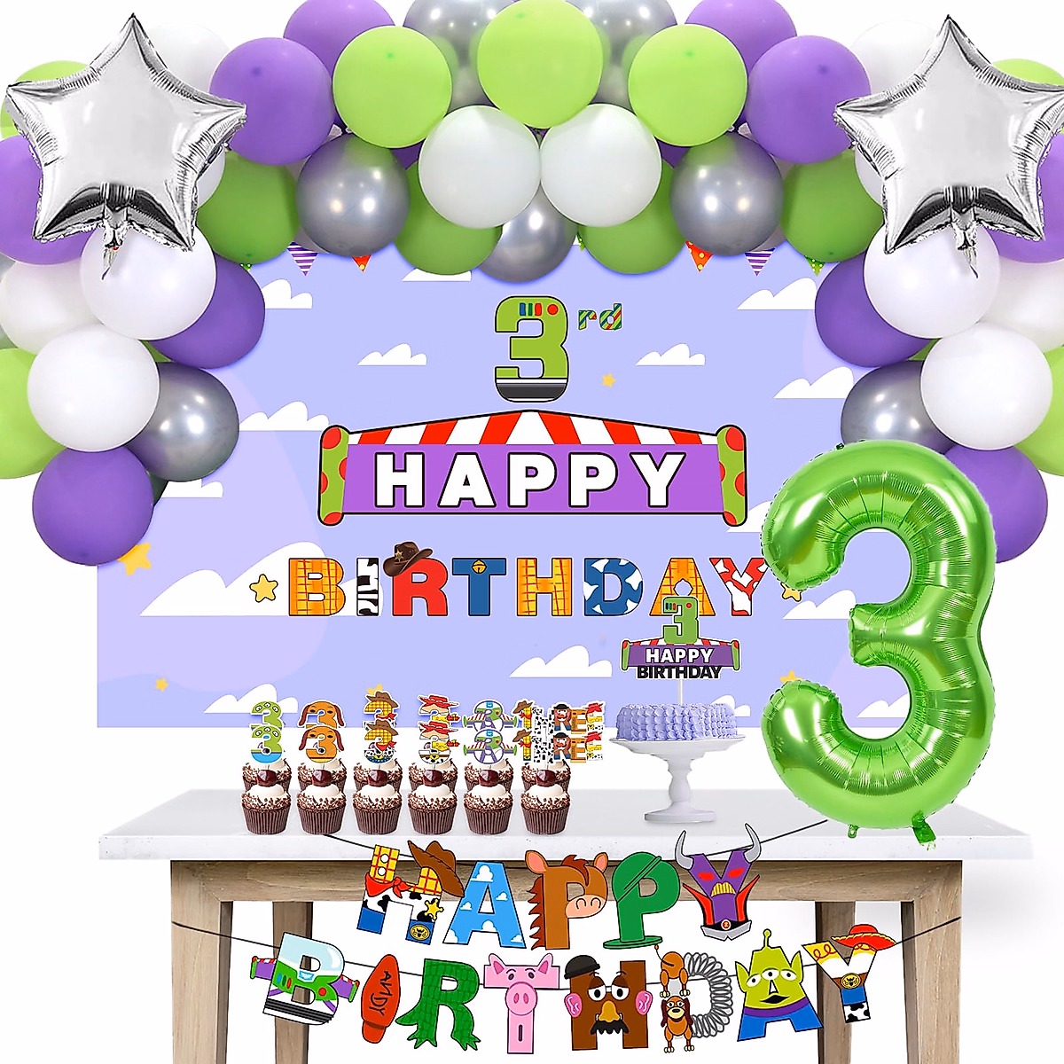 Crenics 3rd Birthday Decorations for Girls or Boys - 3rd Birthday Backdrop, Banner, Balloon Arch Kit, Number 3 Balloon with Cake Toppers for Toy Inspired Story Theme 3 Birthday Party Supplies