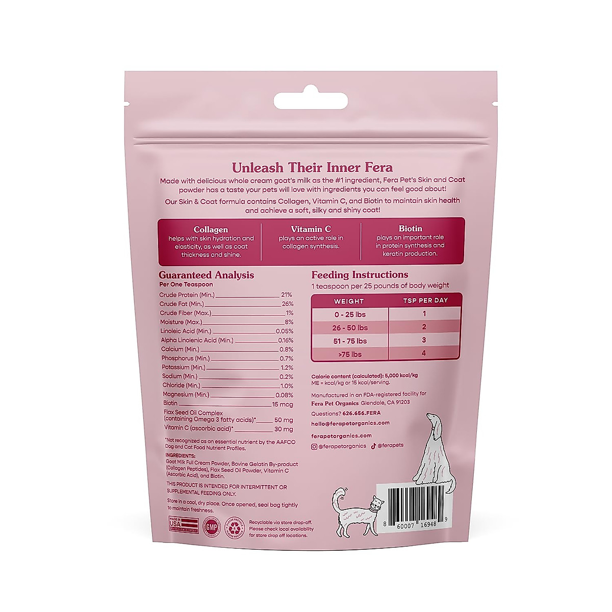 Fera Pet Organics Skin & Coat Goat Milk Cat & Dog – Vet Created - Pet Coat Thickness & Skin Hydration - Collagen, Biotin & Vitamin C - 60 Servings