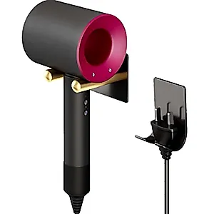 LUYU Nail-Free Glue Adhesive Hair Dryer Holder Wall Mounted - Adhesive Bathroom Hair Blow Dryer Rack Organizer Compatible with Dyson Supersonic Hair Dryers ( Black &Gold)