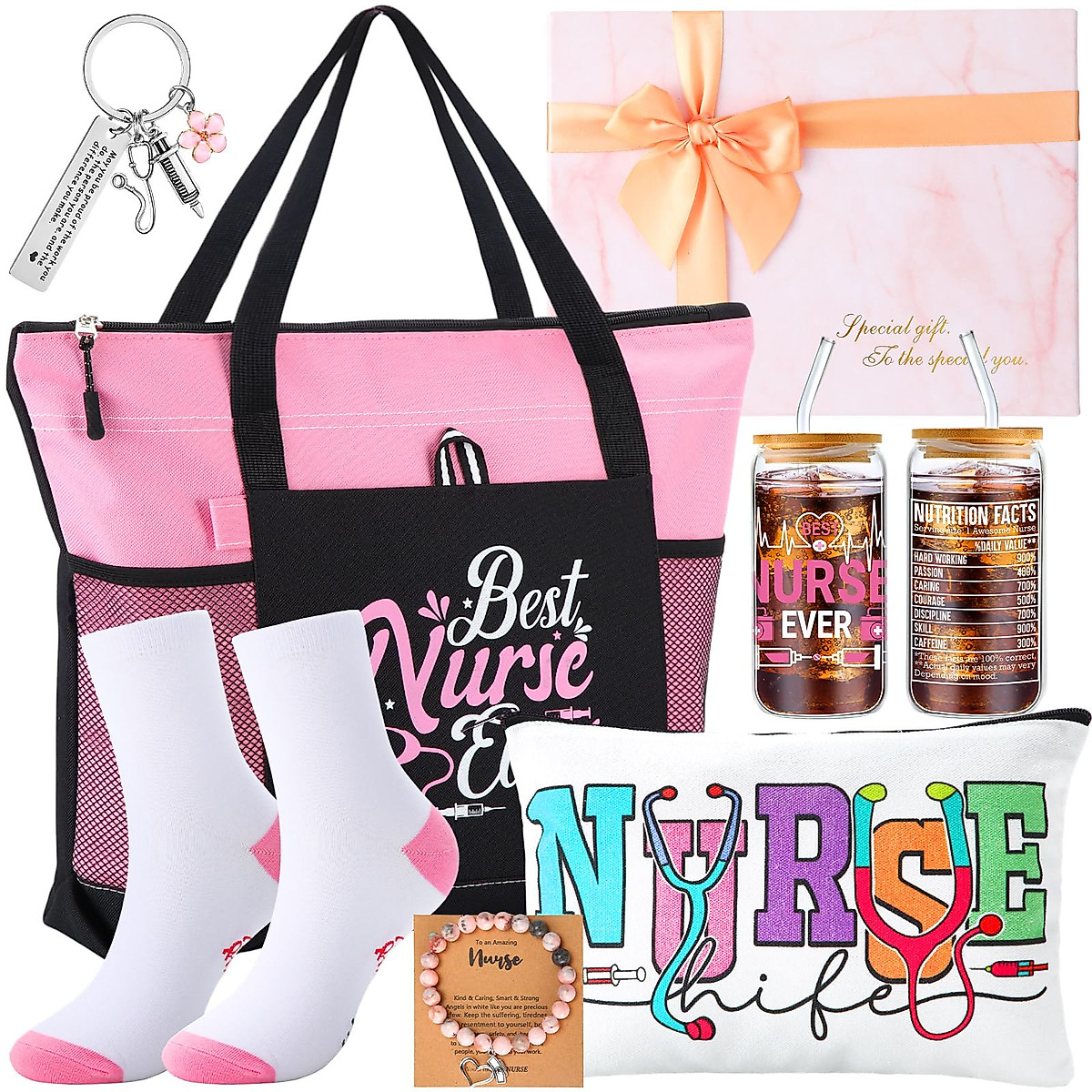 Funnymoom 7 Pcs Nurse Gifts 16 oz Glass Cup Set Nursing Graduation Appreciation Practitioner Birthday Gifts Box for Women Doctors Assistant