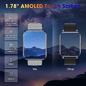 EURANS Smart Watch 44mm, AMOLED Always-on Display Fitness Watch with Heart Rate/Sleep Monitor Steps Calories Counter, IP68 Waterproof Activity Tracker Compatible with Android iOS