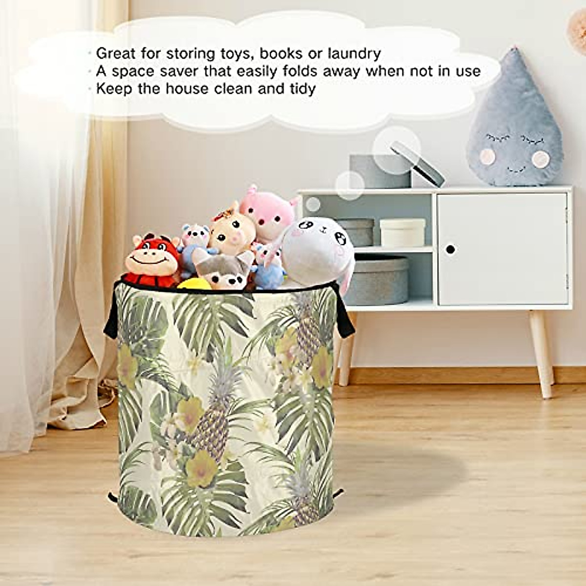 ALAZA 50 L Folding Pop-Up Clothes Hampers, Tropical Flowers Pineapple Palm Leaf Monstera Laundry Basket for Room, College Dorm or Travel