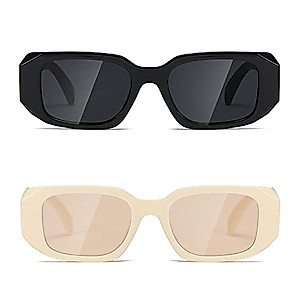 MASDUN Y2k Sunglasses Women and Men Square Trendy Show shades Retro fashion vogue UV Protection sunglasses (Black/Off-white)