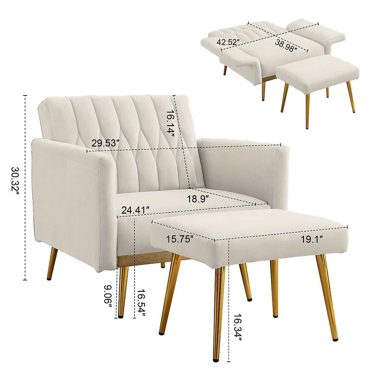 TTGIEET Velvet Accent Chair with Ottoman, Modern Upholstered Tufted Armchair, Comfy Single Sofa Chair Side Chair with Golden Metal Legs& Adjustable Arms for Living Reading Room Bedroom Office (Cream