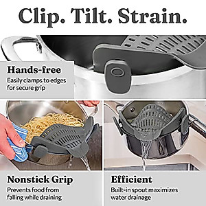 Kitchen Gizmo Snap N Strain Pot Strainer and Pasta Strainer - Adjustable Silicone Clip On Strainer for Pots, Pans, and Bowls - Kitchen Colander - Gray