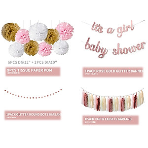 Kiwayo Baby Shower Decorations for Girl- Rose Gold Glitter Banner, Tissue Paper Poms, Round Dots Garland and Tassels Garland- Baby Girl Gender Reveal Birthday Party Decorations
