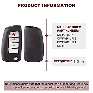 ANGLEWIDE Car Key Fob Keyless Entry Remote Replacement for 04-09 for Nissan ALTIMA MAXIMA 350Z ARMADA for Infiniti EX35 FX35 FX45 (FCC KBRASTU15 CWTWB1U758) 4 Buttons 1pad