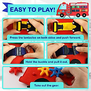 Busy Board for Toddlers 1-3 or 2-4, Firetruck Preschool Educational Early Learning Toy, Basic Life Skills and Fine Motor Montessori Activities for Kids, Learn to Dress Sensory Toy as Travel Game
