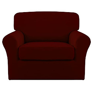 Easy-Going 2 Pieces Microfiber Stretch Chair Slipcover – Spandex Soft Fitted Sofa Couch Cover Washable Furniture Protector with Elastic Bottom Kids Pet Wine