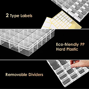 QUEFE 5 Pack 36 Grids Clear Plastic Organizer Storage Box Container, Craft Storage with Adjustable Dividers for Beads, Art DIY, Crafts, Jewelry, Fishing Tackle with Label Stickers