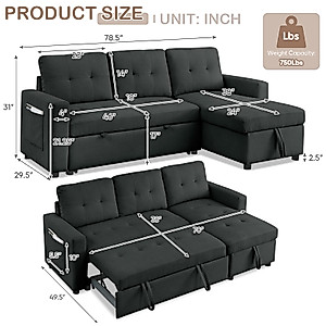 Antetek Reversible Sleeper Sectional Sofa with Pull-Out Bed, Comfy Tufted L-Shaped Sectional Sofa Couch Bed with Storage Chaise Side Pocket, Furniture Set for Living Room, Small Space, Black