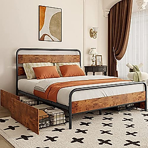 Aiho Full Size Bed Frame with 4 Storage Drawers and Headboard, Metal Slats Support, Stable Mattress Foundation, No Box Spring Needed, Easy Assembly, Vintage Brown