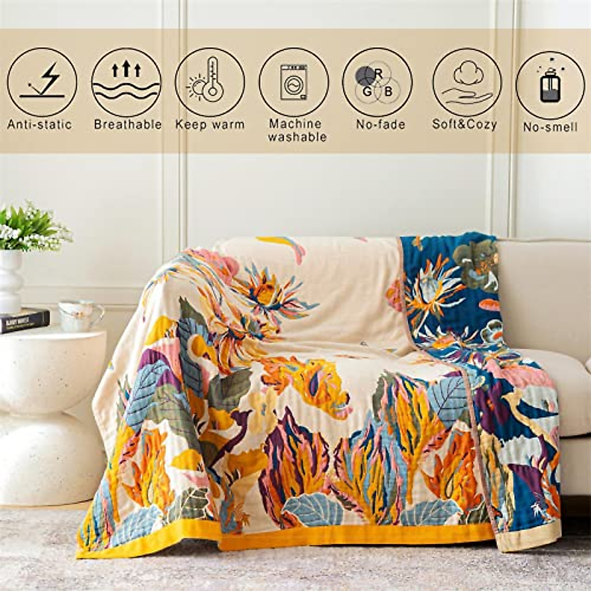 MSGKV Boho Throw Blanket 60''x80'' 100% Cotton Blanket for Bed Picnic Blankets Soft Blanket Light Weighted Blanket Muslin Blankets Double Sided Blanket for Bed Couch Living Room