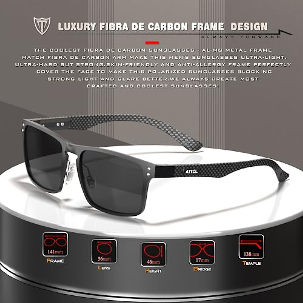 ATTCL Men's Fibra de carbon Sunglasses for men polarized UV protection 8999 Black+grey
