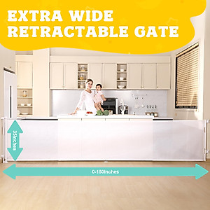 150 Inches Extra Wide Retractable Baby Gates, Baby Gates for Large Openings, Stairs, Hallways and Doorways, Dog Gates for The House Extra Large, Pet Gates for Dogs, Indoor/Outdoor Use, White