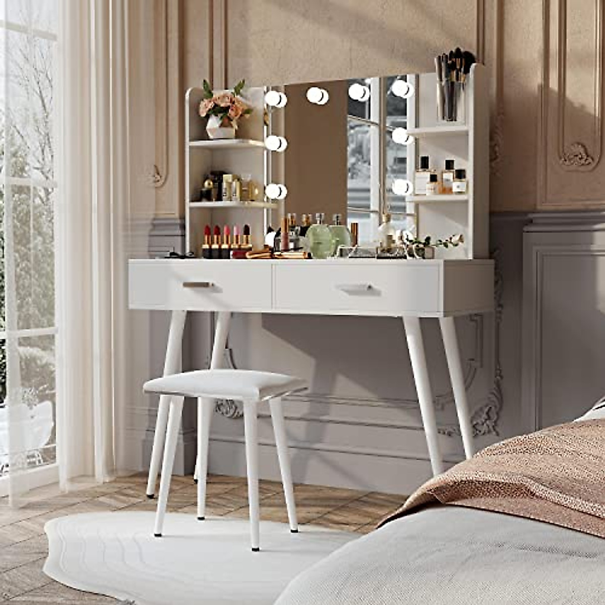 Furnideco Vanity Set with 10 Light Bulbs, Makeup Table with Cushioned Stool, 6 Storage Shelves 2 Drawers, Vanity Set 3 Lighting Modes Brightness Adjustable for Bedroom Studio