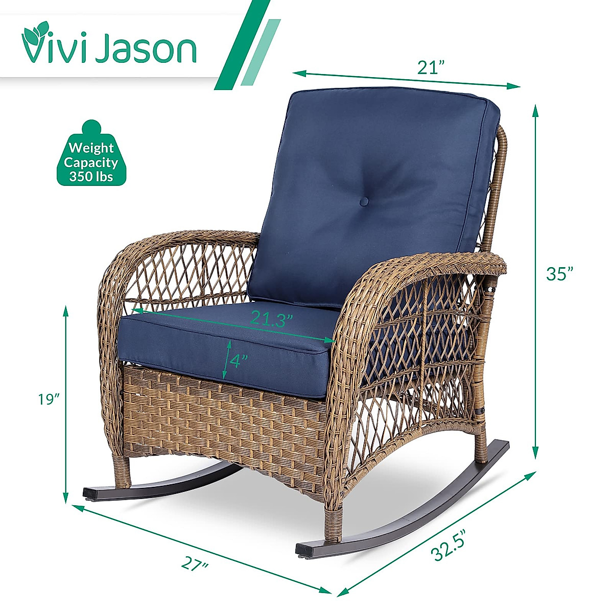 VIVIJASON Outdoor Wicker Rocking Chair, Patio Rattan Rocker Chair with Cushions & Steel Frame, All-Weather Rocking Lawn Wicker Furniture for Garden Backyard Porch (Navy Blue)