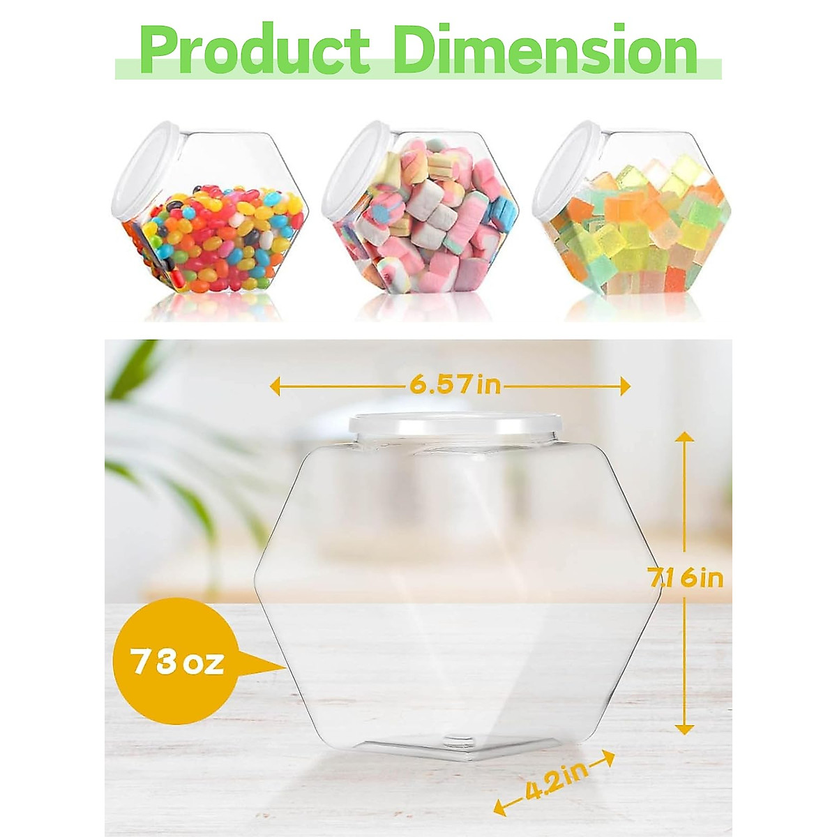 Glazeal 4pcs Large Candy Jar with Spoons, 72 OZ Hexagon Candy Jar Plastic Clear Cookie Jar with Lid for Candy Buffet, Kitchen Storage Containers Set
