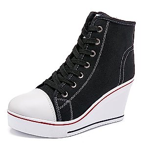 Hurriman Wedge Sneakers for Women, High Heel Platform High Top Canvas Shoes Lace up Zipper Fashion Sneakers, Tenis Zapatos de Cuña Plataforma Tacón para Mujer, Suitbale for Y2K & Harley Quinn Cosplay