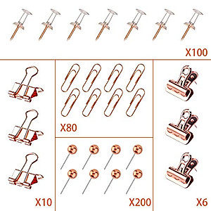 Push Pins Binder Clips Paper Clips Map Tacks Sets, 5 Styles 396 Pcs Rose Gold Pack for Office, School and Home Supplies (Pin and Clips)