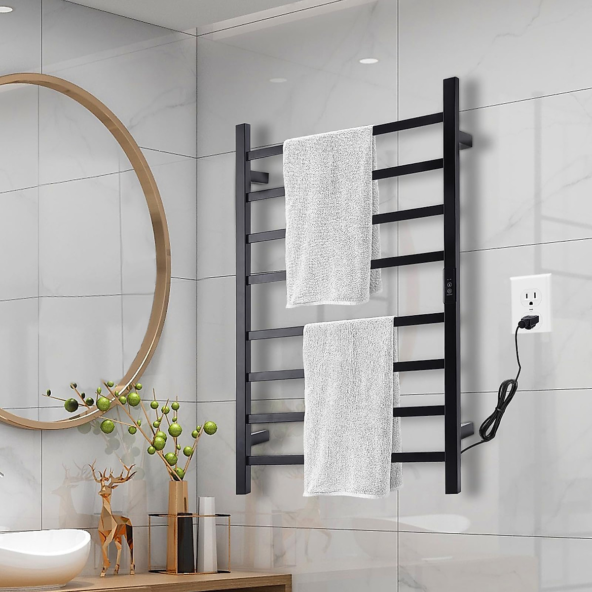 Towel Warmer Heated Towel Bar-Rack - Nopwer Bathroom Wall Mounted Electric Towel Drying Plug-in Matte Black 8 Bars