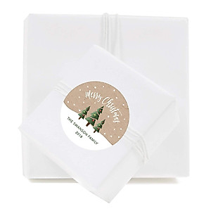 Andaz Press Personalized Christmas Round Circle Gift Sticker Labels, Christmas Trees on Kraft Brown, Merry Christmas 40-Pack, Custom Name Year, Stationery Packaging Envelope Letter Label