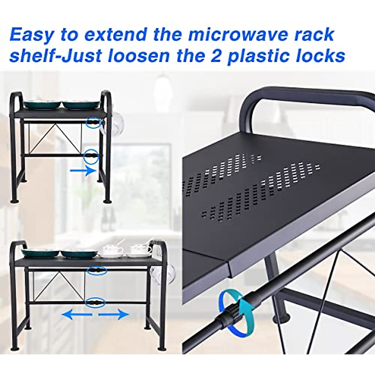 Expandable Microwave Shelf Rack Unit Kitchen Storage Stand Countertop Organizer w/ 4 Hooks 2-Tier Steel (L16.1"~26"x Depth13.58"x Height Clearance 14") for Toaster, Max Load 83lbs, Matte Black