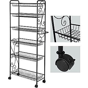 HLC 6 Tier Freestanding Metal Bathroom Kitchen Storage Shelf Rack with Wheels Black