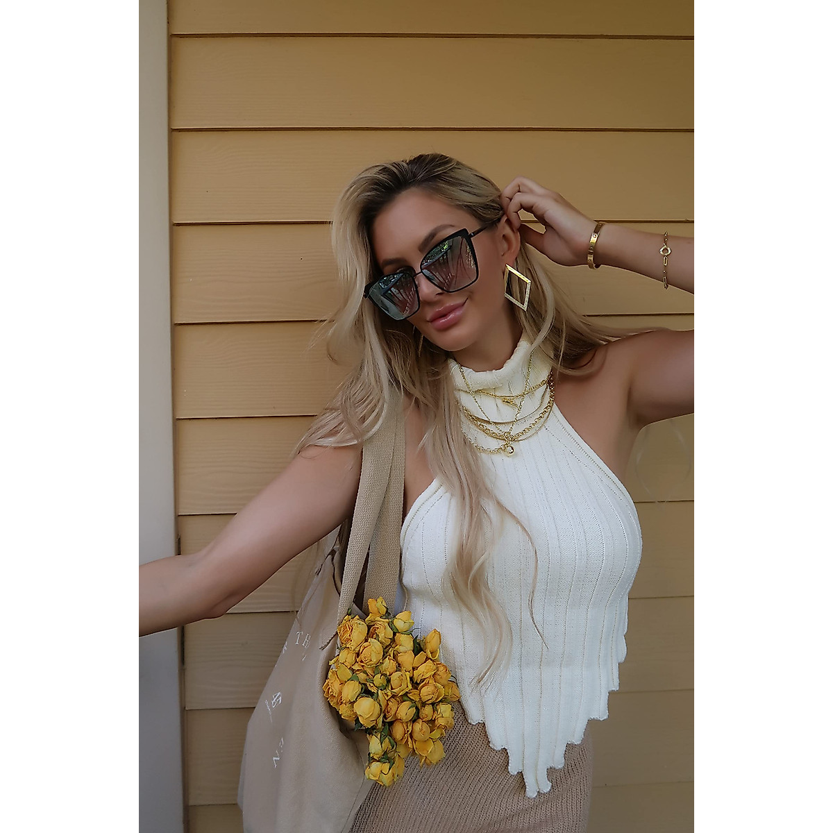 DIFF Becky Designer Oversized Cat Eye Sunglasses for Women UV400 Protection, Black + Flash Grey Gradient mirror