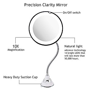 Glam hobby Led 10X Magnifying Makeup Mirror Lighted Vanity Bathroom Round Mirror with 360 Degree Swivel Rotation, Flexible Gooseneck, and Locking Suction
